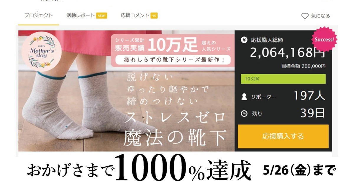 【Makuake（マクアケ）1000％達成！】「一度履いたらもう戻れない、締めつけナシ！魔法のストレスゼロ靴下【母の日対応商品】」 [株式会社エコノレッグ] - 株式会社エコノレッグのプレスリリース